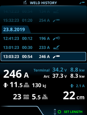 Auto control panel: Weld history